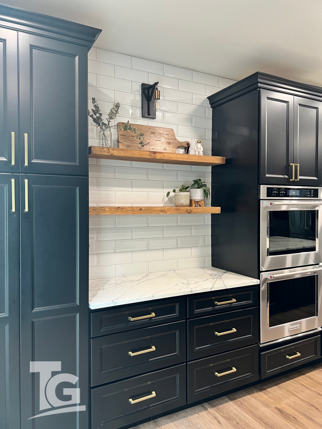 Marble Countertops with White Subway Tile Backsplash and Floating ...